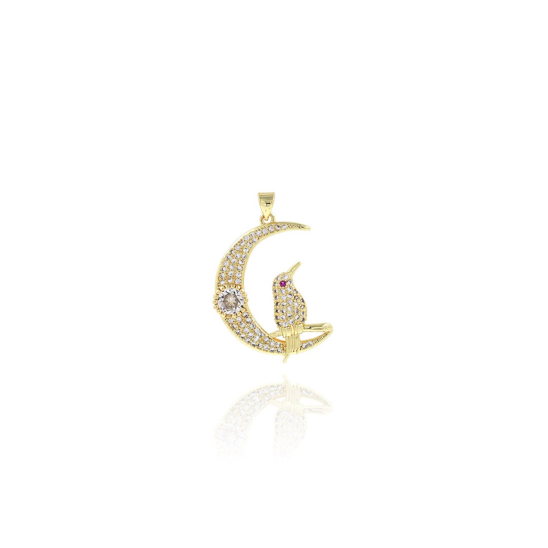 Hummingbird Pendant, 18K Gold Filled Moon Charm, Micropavé CZ ...