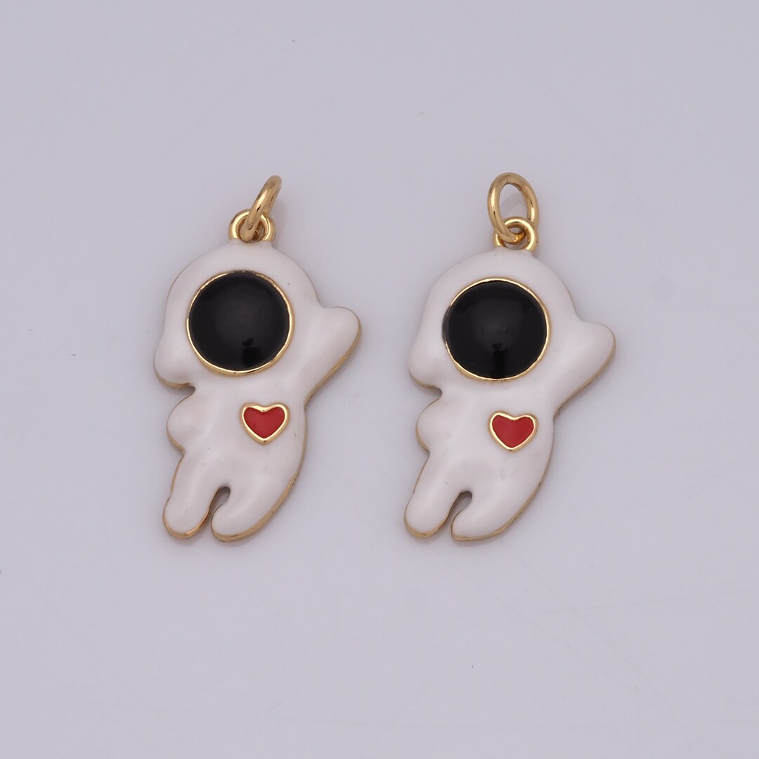 18K Gold Filled Astronaut Charm, Heart Pendant, Enamel Gold Spaceman ...