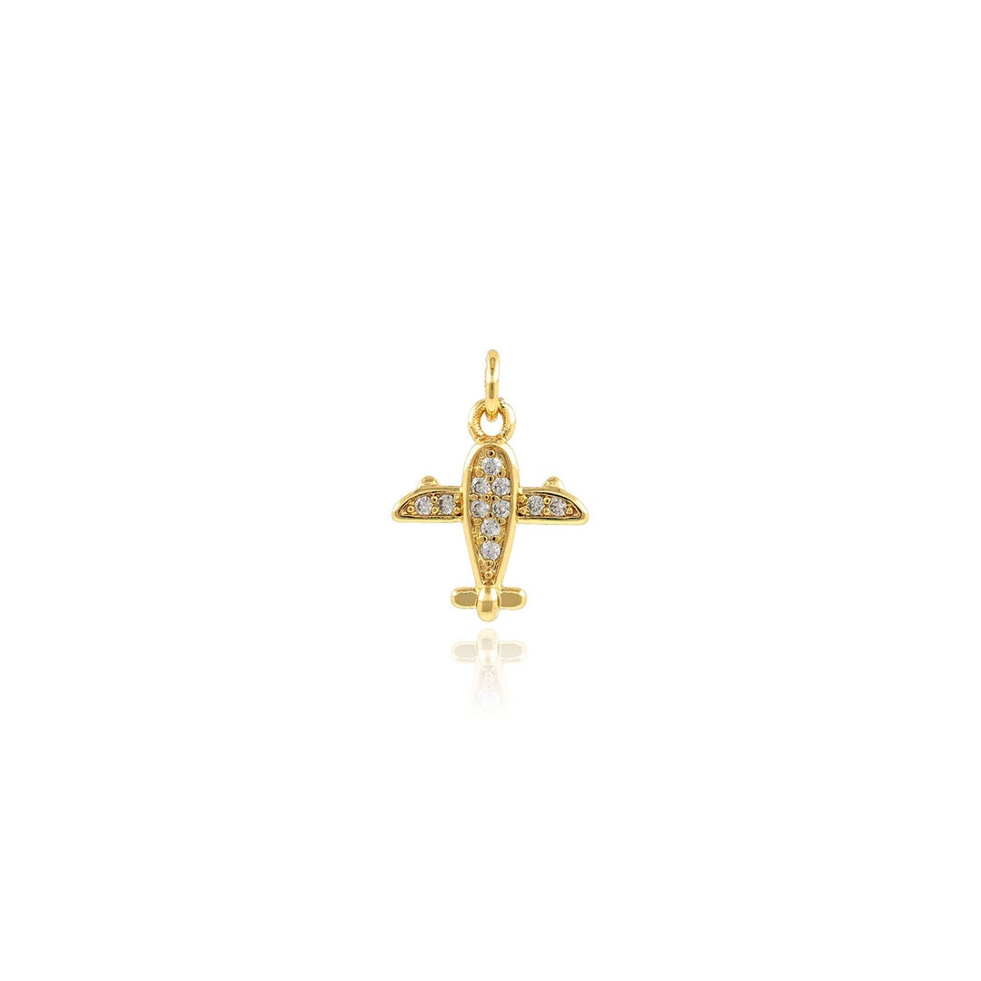 Airplane Pendant, 18K Gold Filled Pilot Charm, Micropavé CZ Stewardess ...