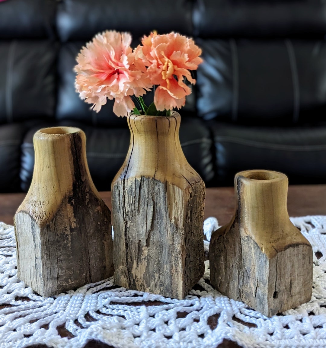 Vase Set / Rustic Primitive / Upcycled Set of 3 / Handcarved Wood Vase ...