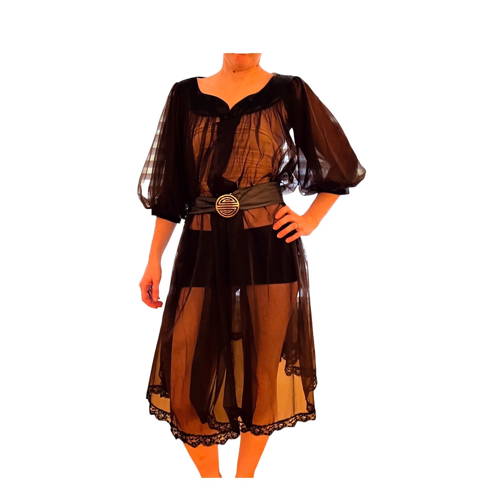 Vintage 70s 80s Dressing Robe Black Button up 3/4 Sleeve Lace Collar ...