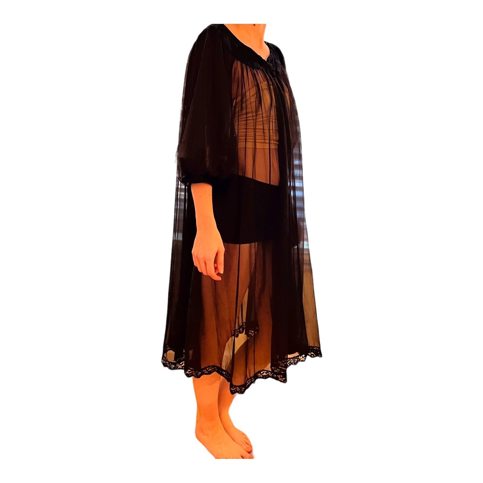 Vintage 70s 80s Dressing Robe Black Button up 3/4 Sleeve Lace Collar ...