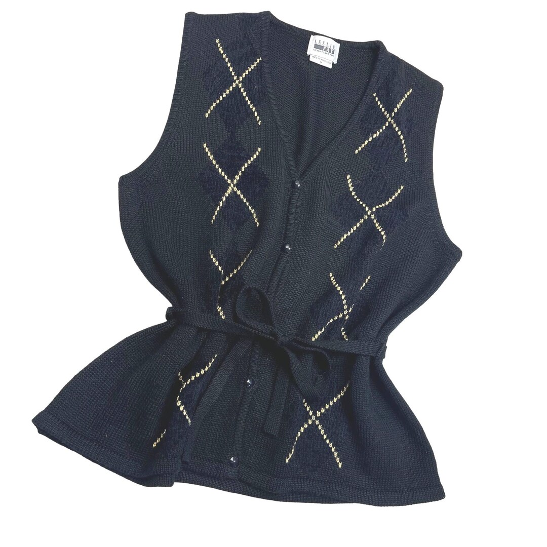 Leslie Faye Vintage Argyle Sweater Vest Tunic Belted, Sleeveless, Black, Ladies Size MED Gold ...