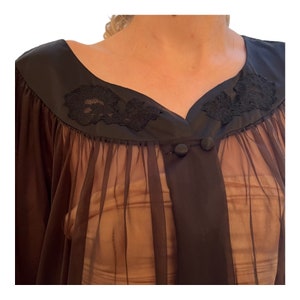 Vintage 70s 80s Dressing Robe Black Button up 3/4 Sleeve Lace Collar ...