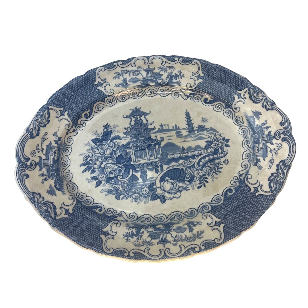 Vintage Antique Blue Willow 16.25" X 12.5" Oval Serving X Large Platter ...