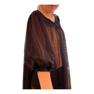 Vintage 70s 80s Dressing Robe Black Button up 3/4 Sleeve Lace Collar ...