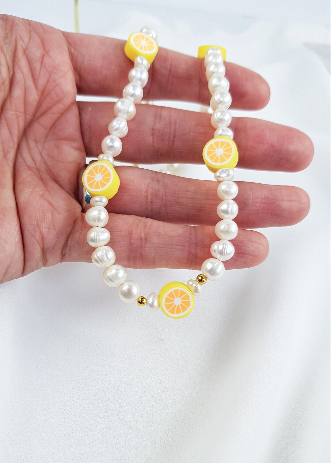 Lemon Necklace, Orange Citrine Necklace, Beaded Pearl Choker, Fruit ...