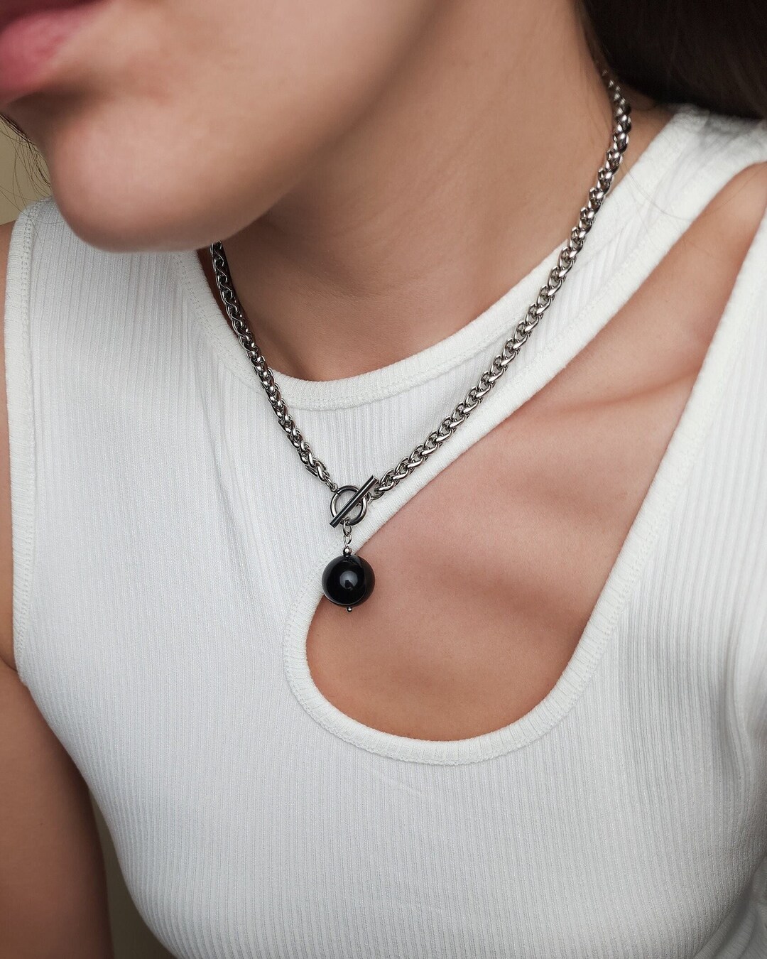 Black Obsidian Toggle Clasp Necklace, Chunky Silver Chain, Large Stone ...