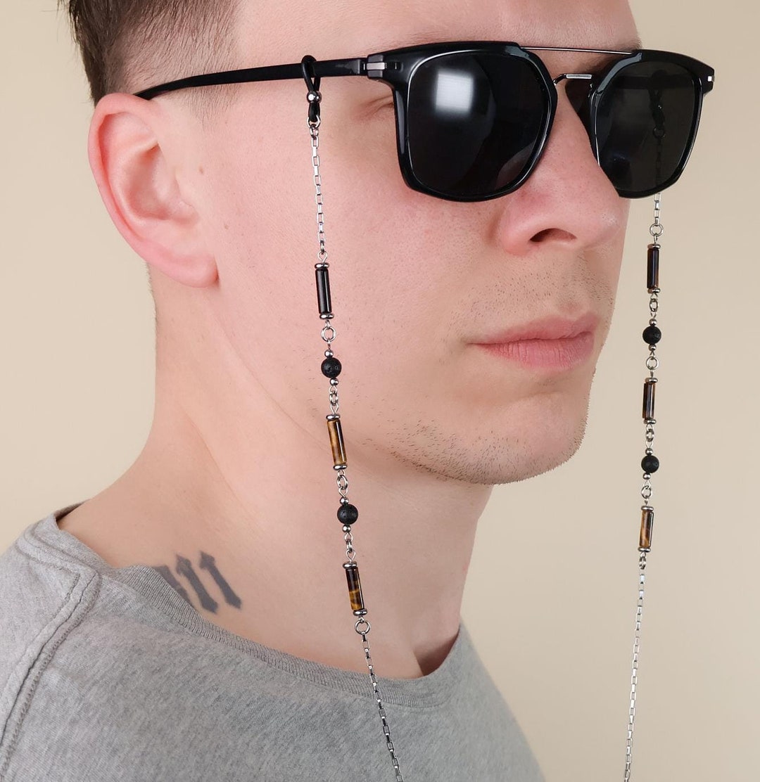 Men Glasses Chain With Tigers Eye Stone, Silver Eyeglass Chain, Summer ...