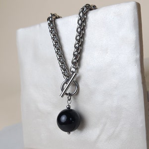 Black Obsidian Toggle Clasp Necklace, Chunky Silver Chain, Large Stone ...