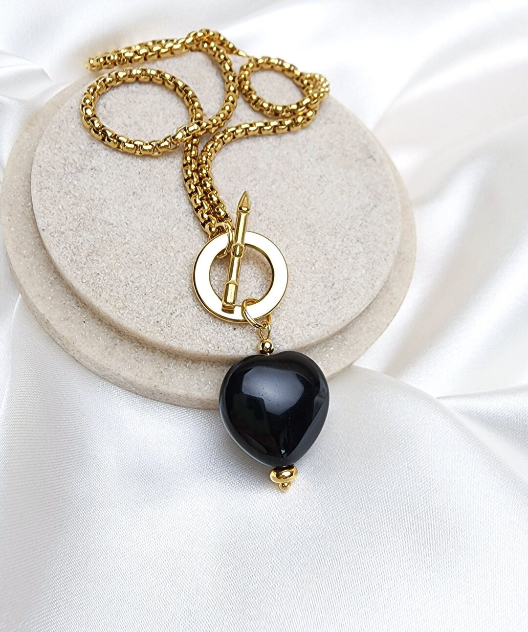 Black Obsidian Heart Necklace, Heart Toggle Choker, Gold Toggle Clasp ...