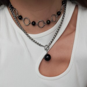Black Obsidian Toggle Clasp Necklace, Chunky Silver Chain, Large Stone ...