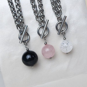 Black Obsidian Toggle Clasp Necklace, Chunky Silver Chain, Large Stone ...