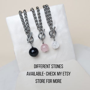 Black Obsidian Toggle Clasp Necklace, Chunky Silver Chain, Large Stone ...