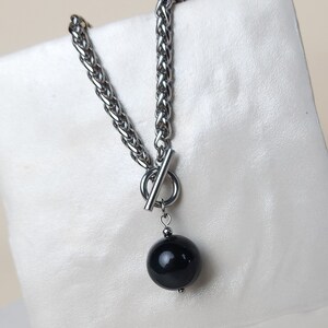 Black Obsidian Toggle Clasp Necklace, Chunky Silver Chain, Large Stone ...