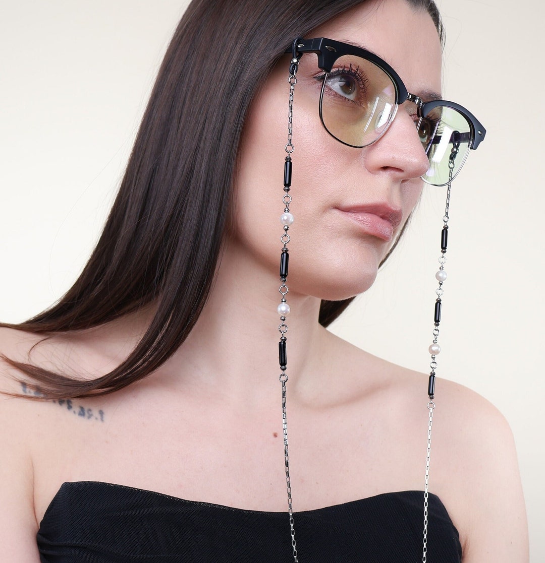 Pearl Glasses Chain With Black Obsidian Crystal, Goth Eyeglass Chain ...