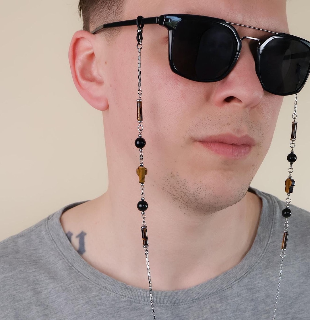 Men Glasses Chain With Tigers Eye Cross Stone, Silver Eyeglass Chain ...