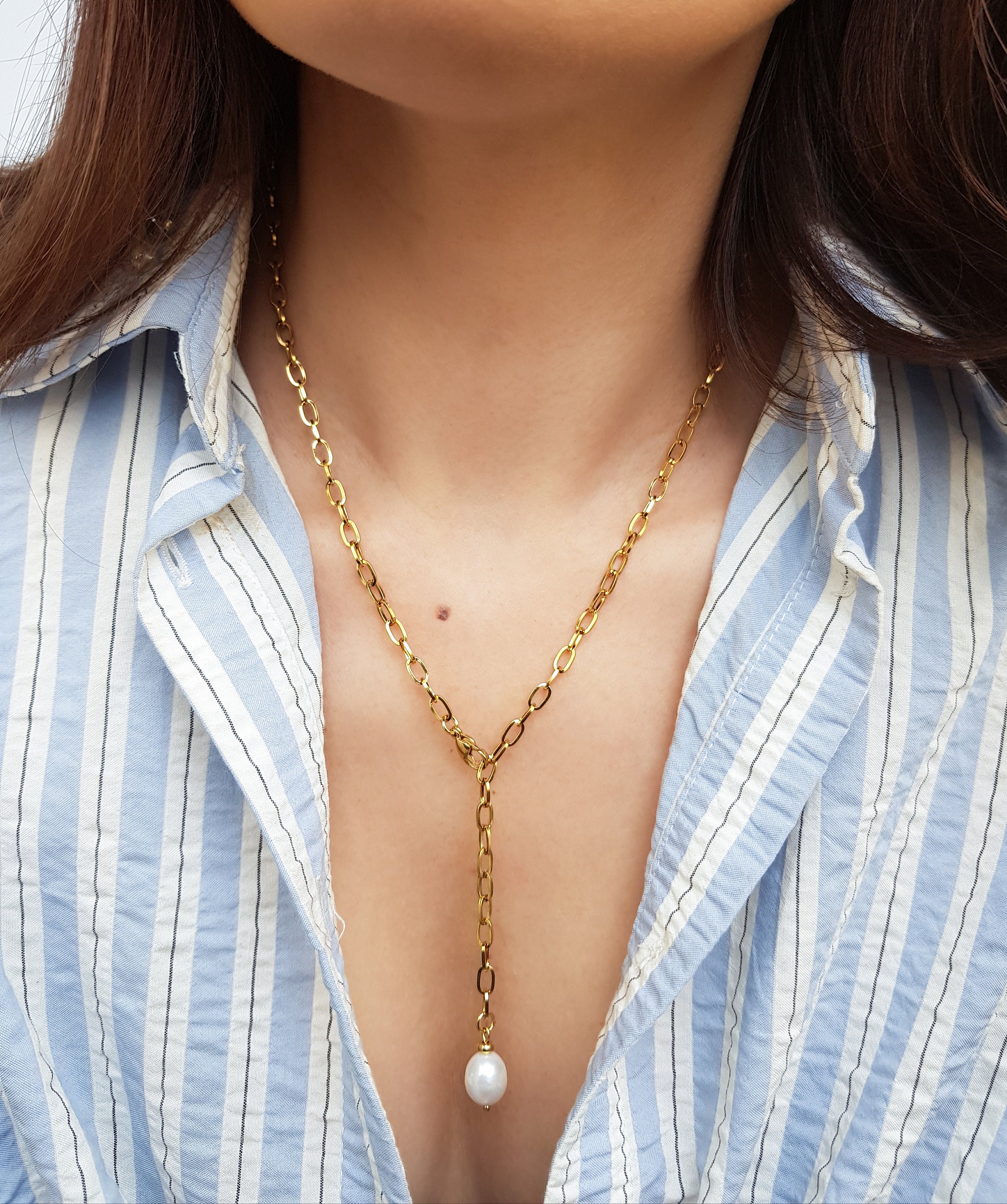 Single pearl necklace gold Gold paperclip chain necklace | Etsy