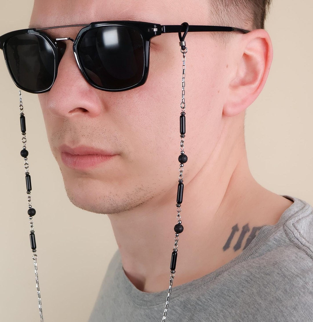 Men Glasses Chain, Black Obsidian Crystal, Goth Eyeglass Chain, Non ...