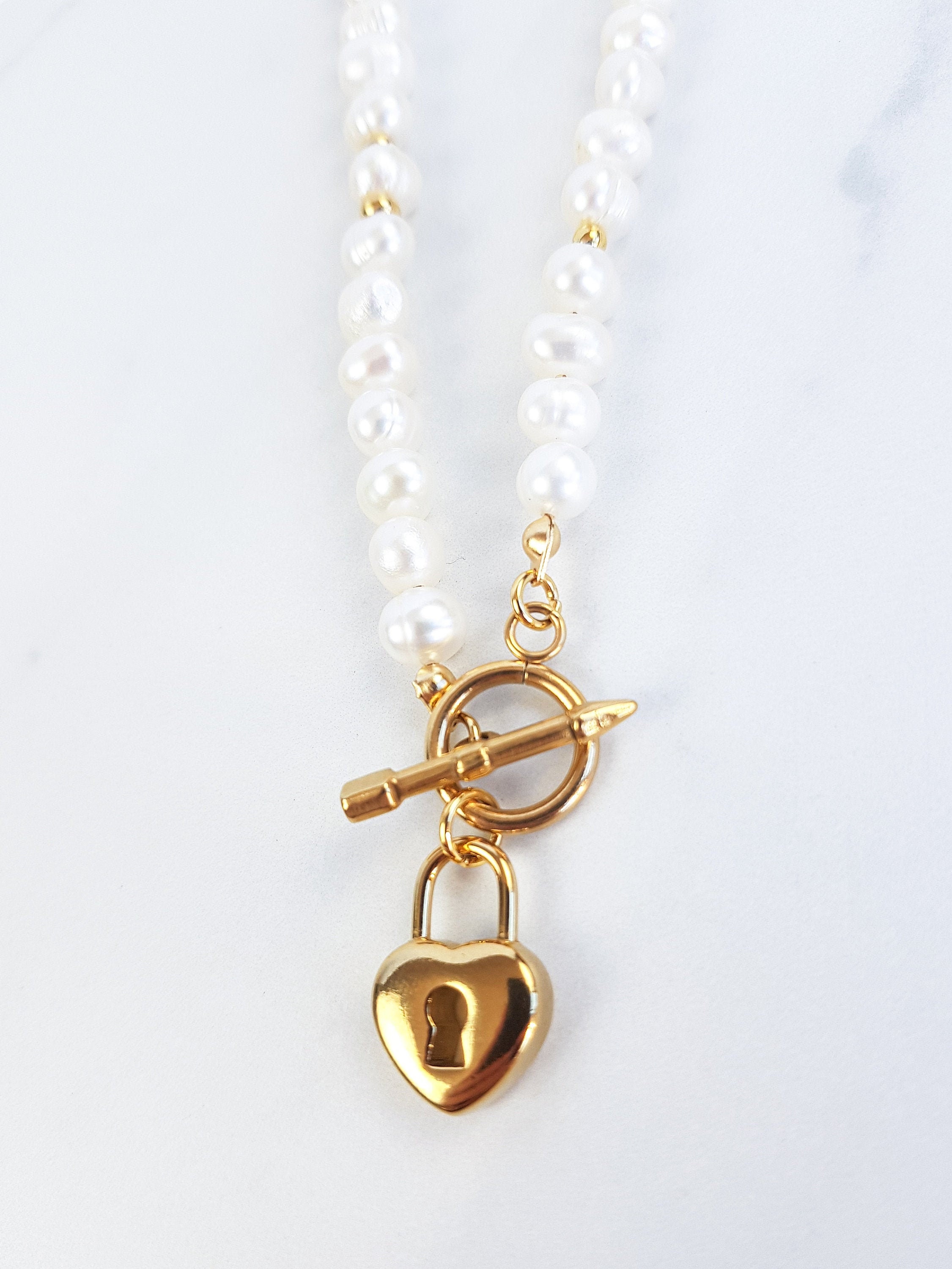 Padlock Necklace Gold Lock Necklace Pearl Heart Necklace Real Pearl Necklace Heart Lock Necklace Toggle Necklace Gold Big Smooth Heart