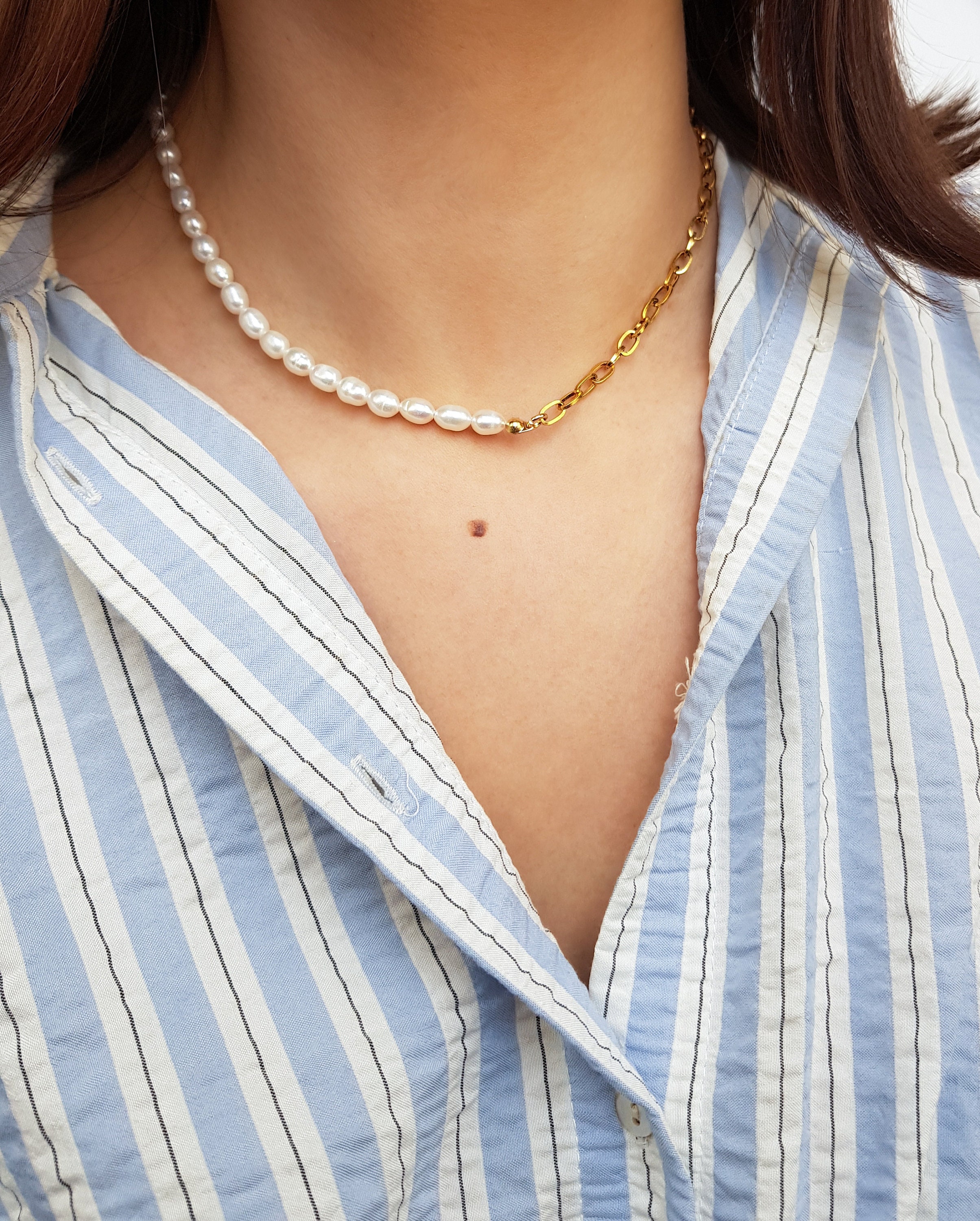 Half pearl half chain necklace Minimal pearl choker | Etsy