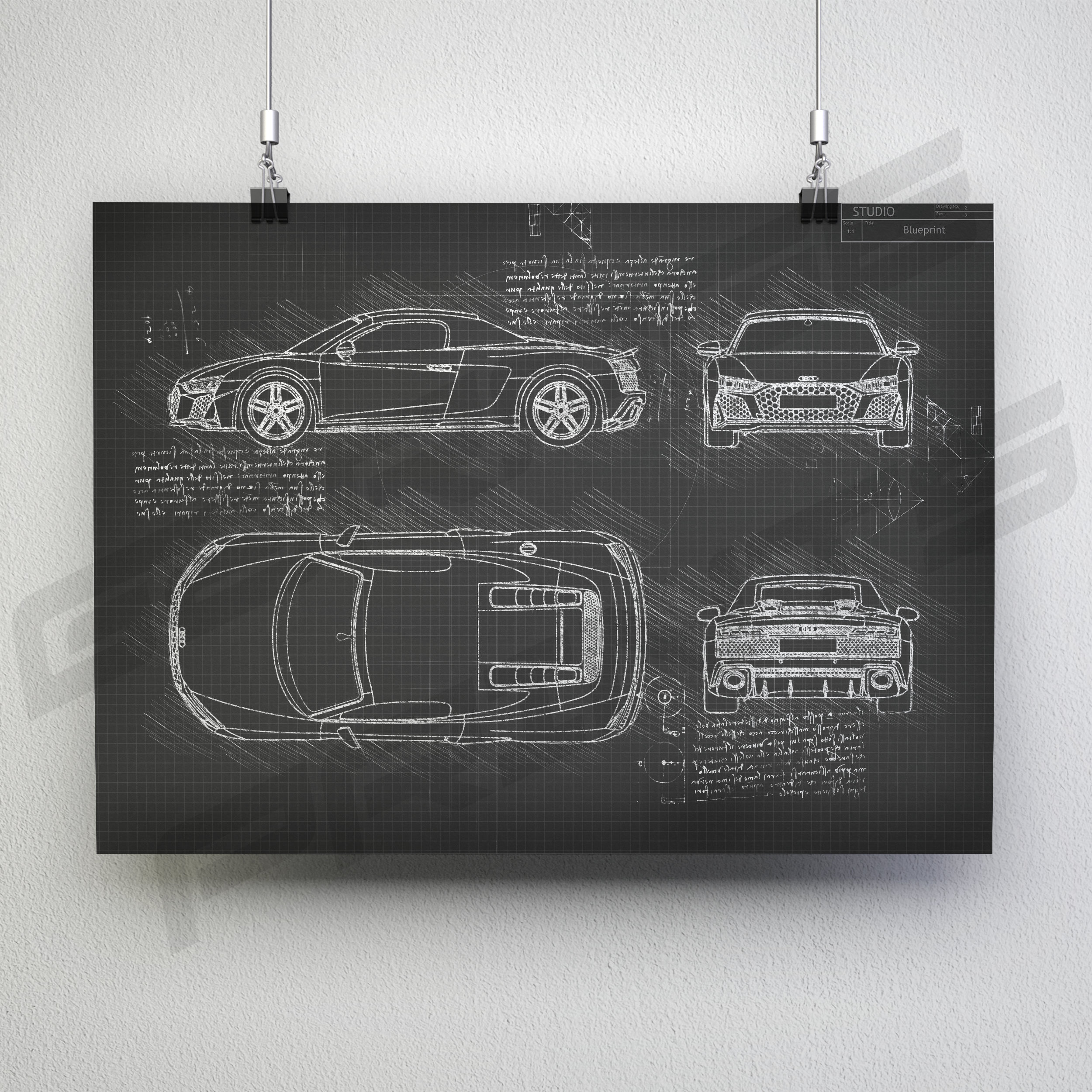 Audi R8 Spyder V10 Quattro (2019 - Present) Car Blueprint Poster - Audi ...