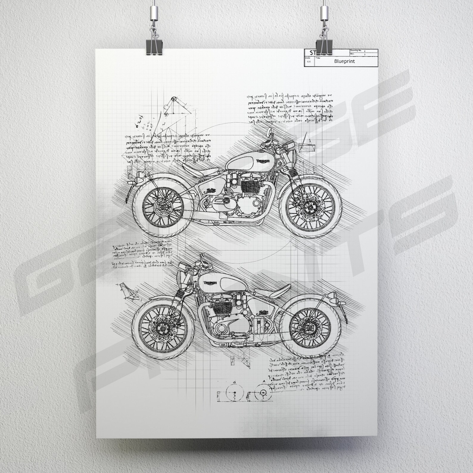 Triumph Bonneville Bobber Blueprint Poster - Da Vinci Motorcycle Wall ...