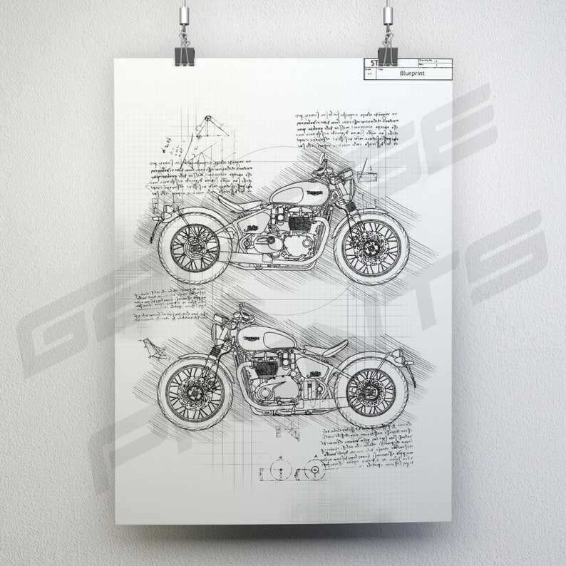 Triumph Bonneville Bobber Blueprint Poster - Da Vinci Motorcycle Wall ...