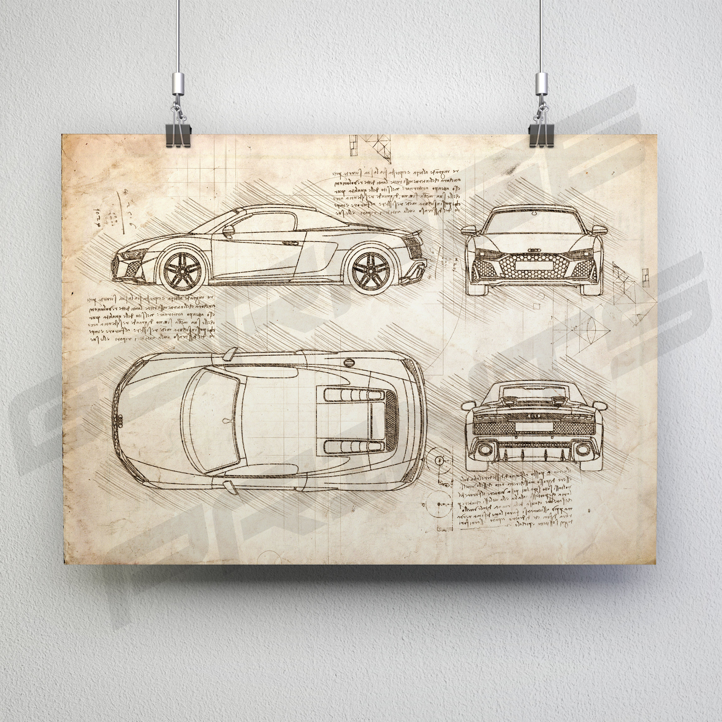 Audi R8 Spyder V10 Quattro (2019 - Present) Car Blueprint Poster - Audi ...