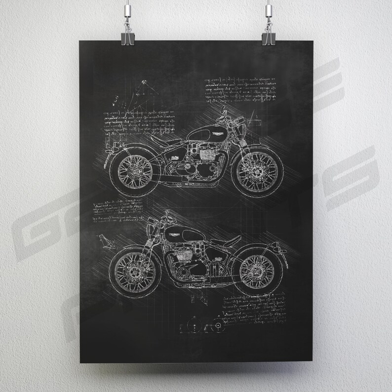 Triumph Bonneville Bobber Blueprint Poster - Da Vinci Motorcycle Wall ...