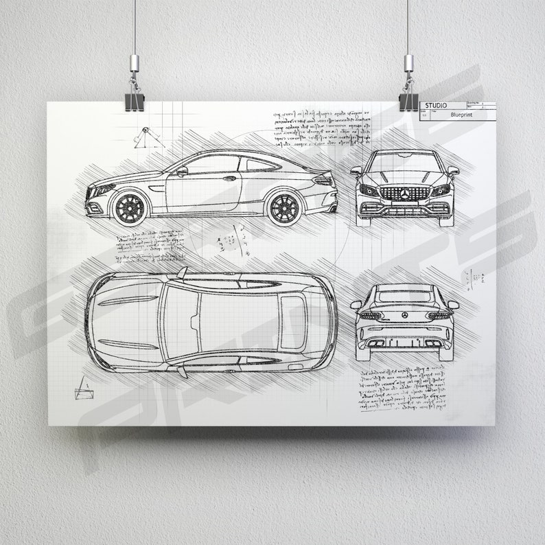 Mercedes C63S AMG W205 Coupe (2019-2021) Car Blueprint Poster - Da ...