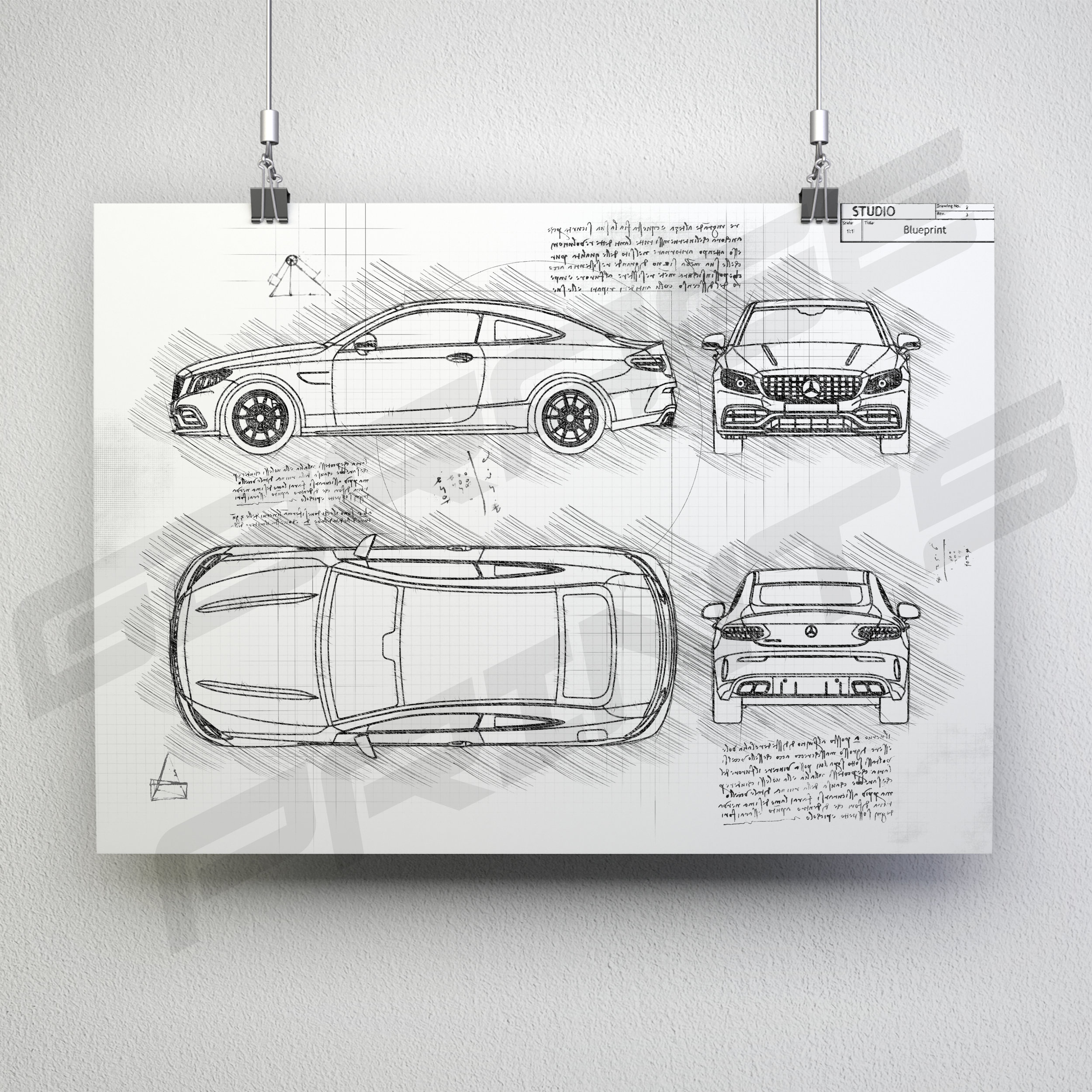 Mercedes C63S AMG W205 Coupe (2019-2021) Car Blueprint Poster - Da ...