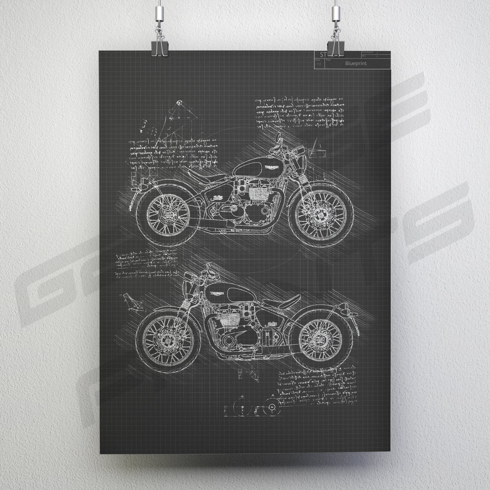 Triumph Bonneville Bobber Blueprint Poster - Da Vinci Motorcycle Wall ...