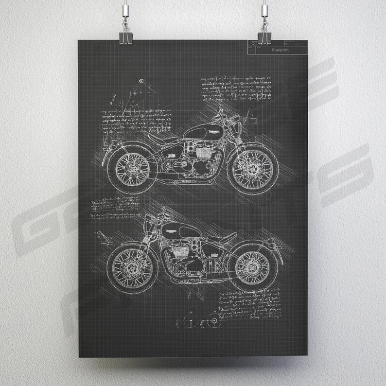 Triumph Bonneville Bobber Blueprint Poster - Da Vinci Motorcycle Wall ...