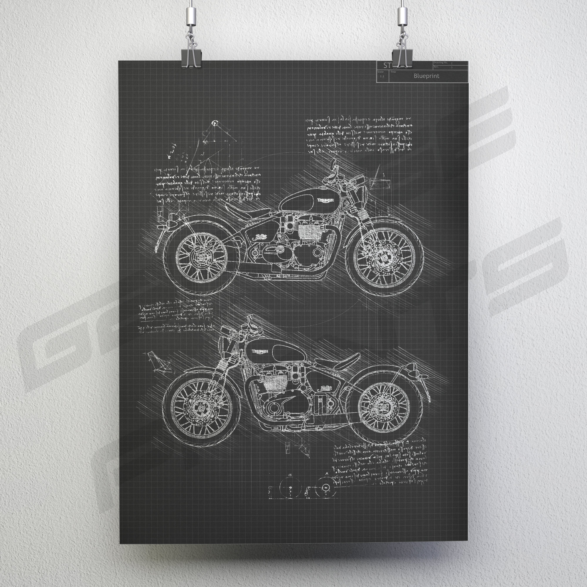Triumph Bonneville Bobber Blueprint Poster - Da Vinci Motorcycle Wall ...