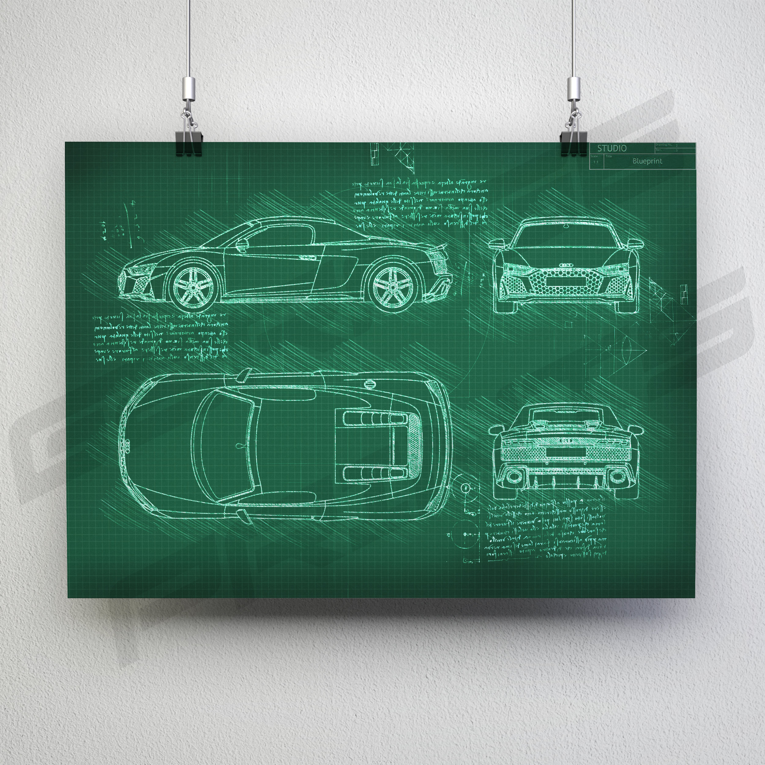 Audi R8 Spyder V10 Quattro (2019 - Present) Car Blueprint Poster - Audi ...