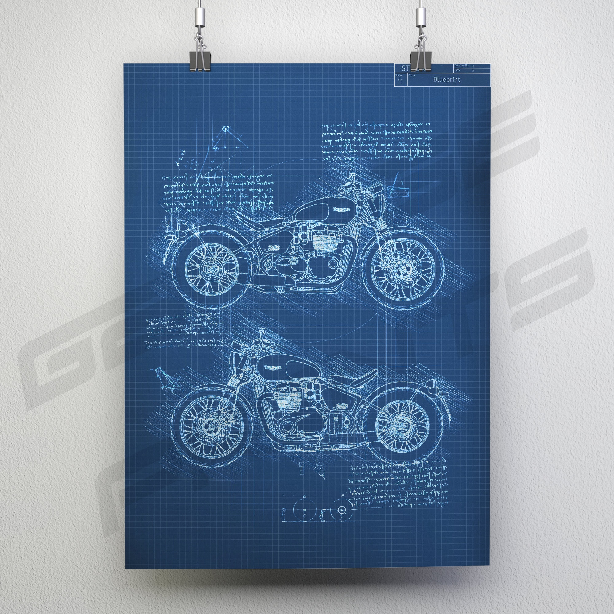 Triumph Bonneville Bobber Blueprint Poster - Da Vinci Motorcycle Wall ...