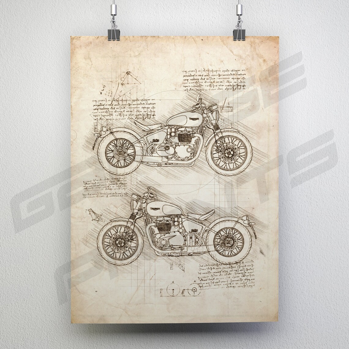 Triumph Bonneville Bobber Blueprint Poster - Da Vinci Motorcycle Wall ...