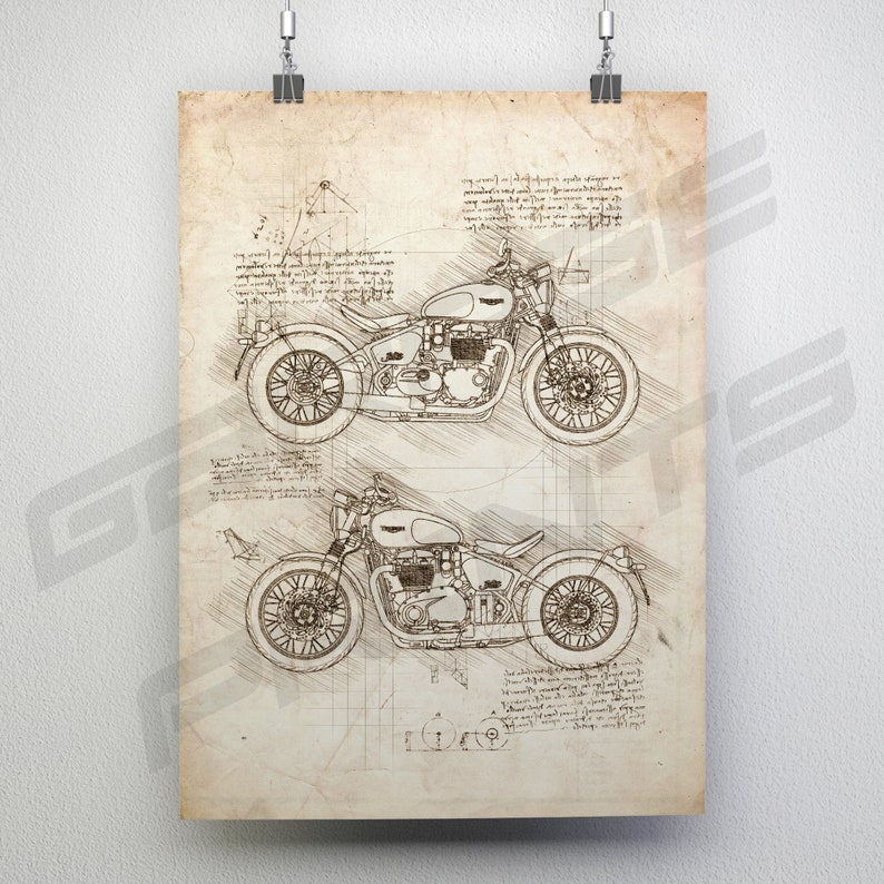 Triumph Bonneville Bobber Blueprint Poster - Da Vinci Motorcycle Wall ...