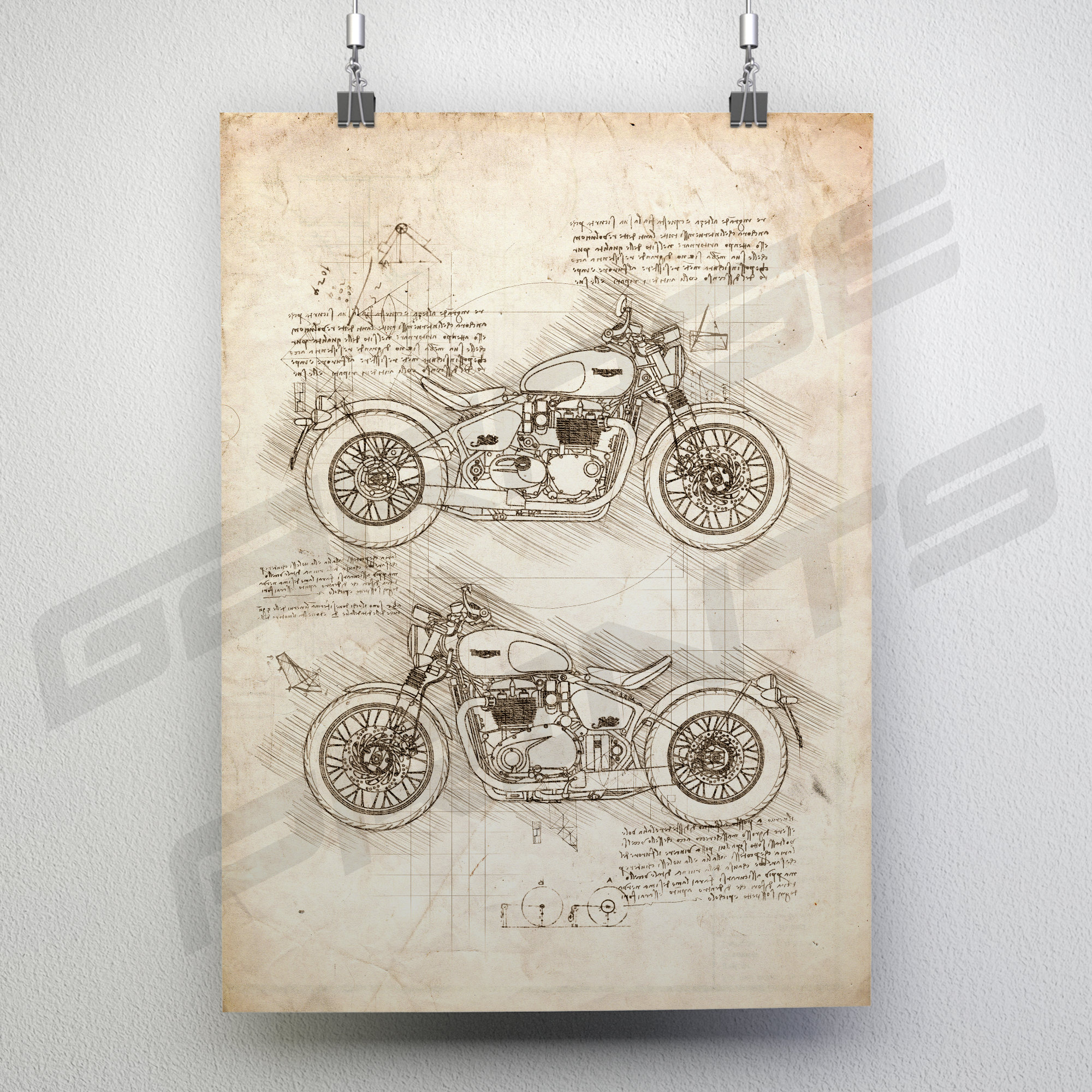Triumph Bonneville Bobber Blueprint Poster - Da Vinci Motorcycle Wall ...