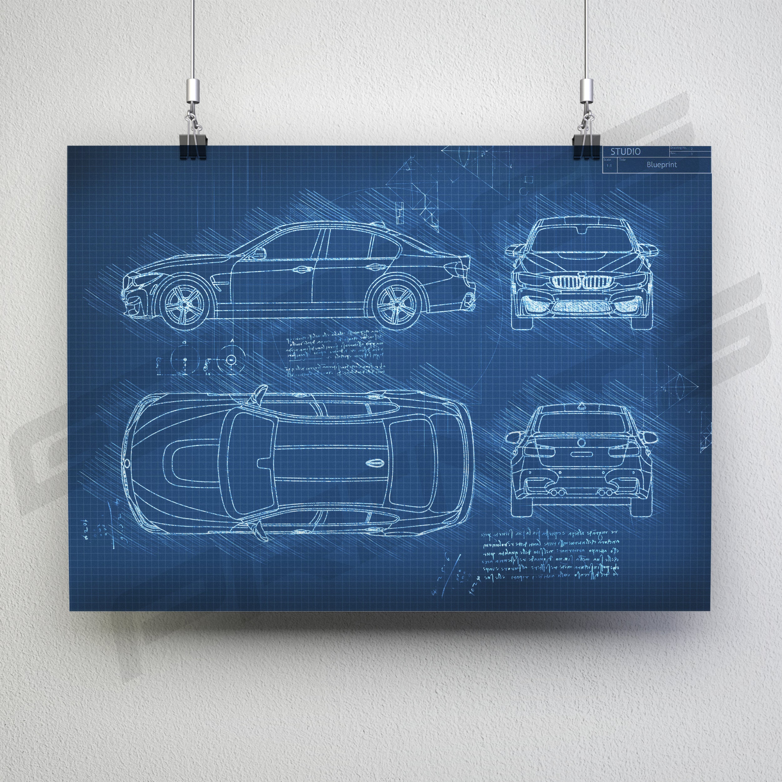 BMW M3 F80 (2014-2018) Car Blueprint Poster - Da Vinci Car Wall Art ...