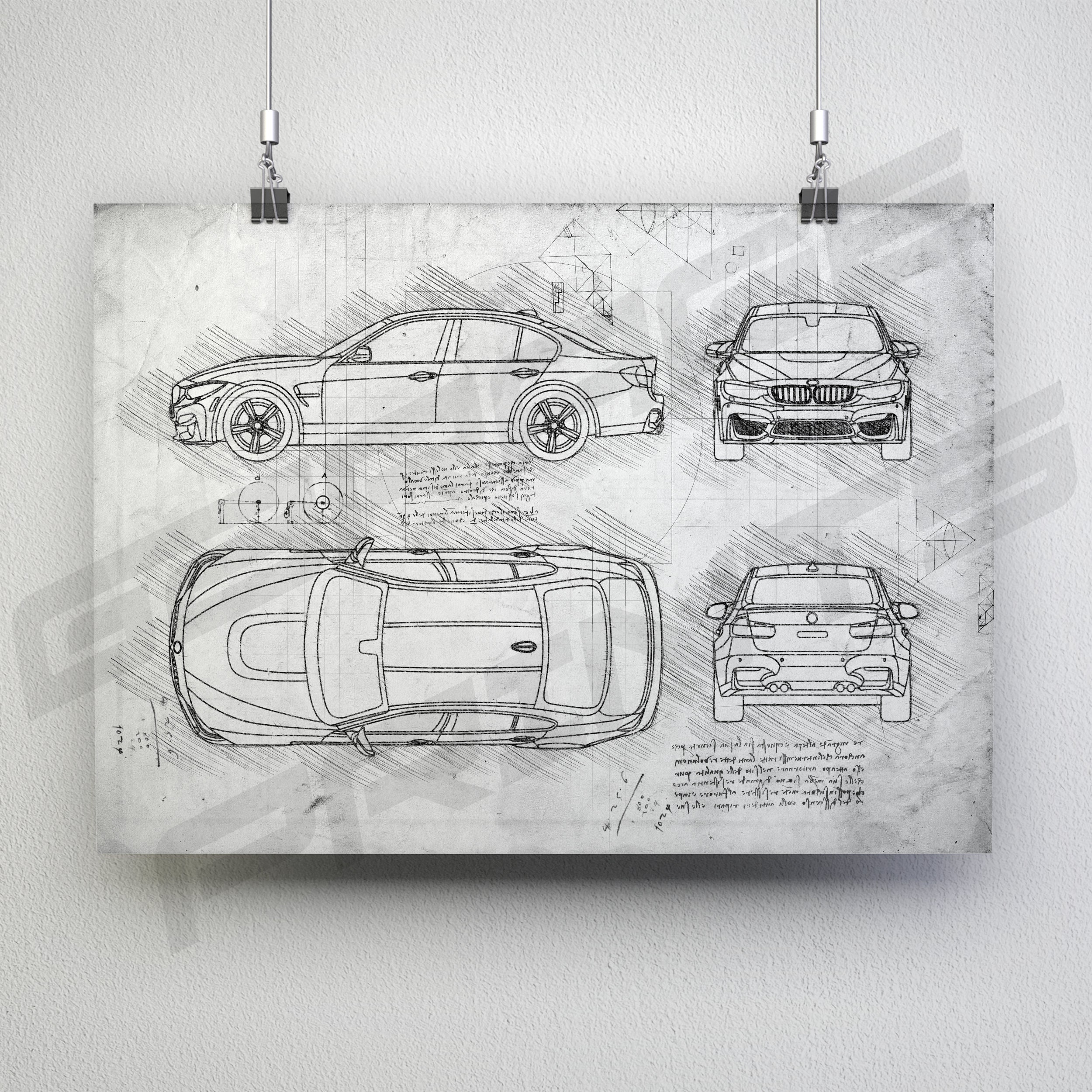 BMW M3 F80 (2014-2018) Car Blueprint Poster - Da Vinci Car Wall Art ...
