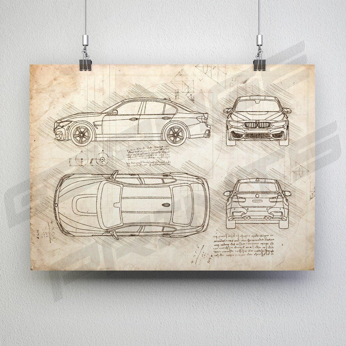BMW M3 F80 (2014-2018) Car Blueprint Poster - Da Vinci Car Wall Art ...