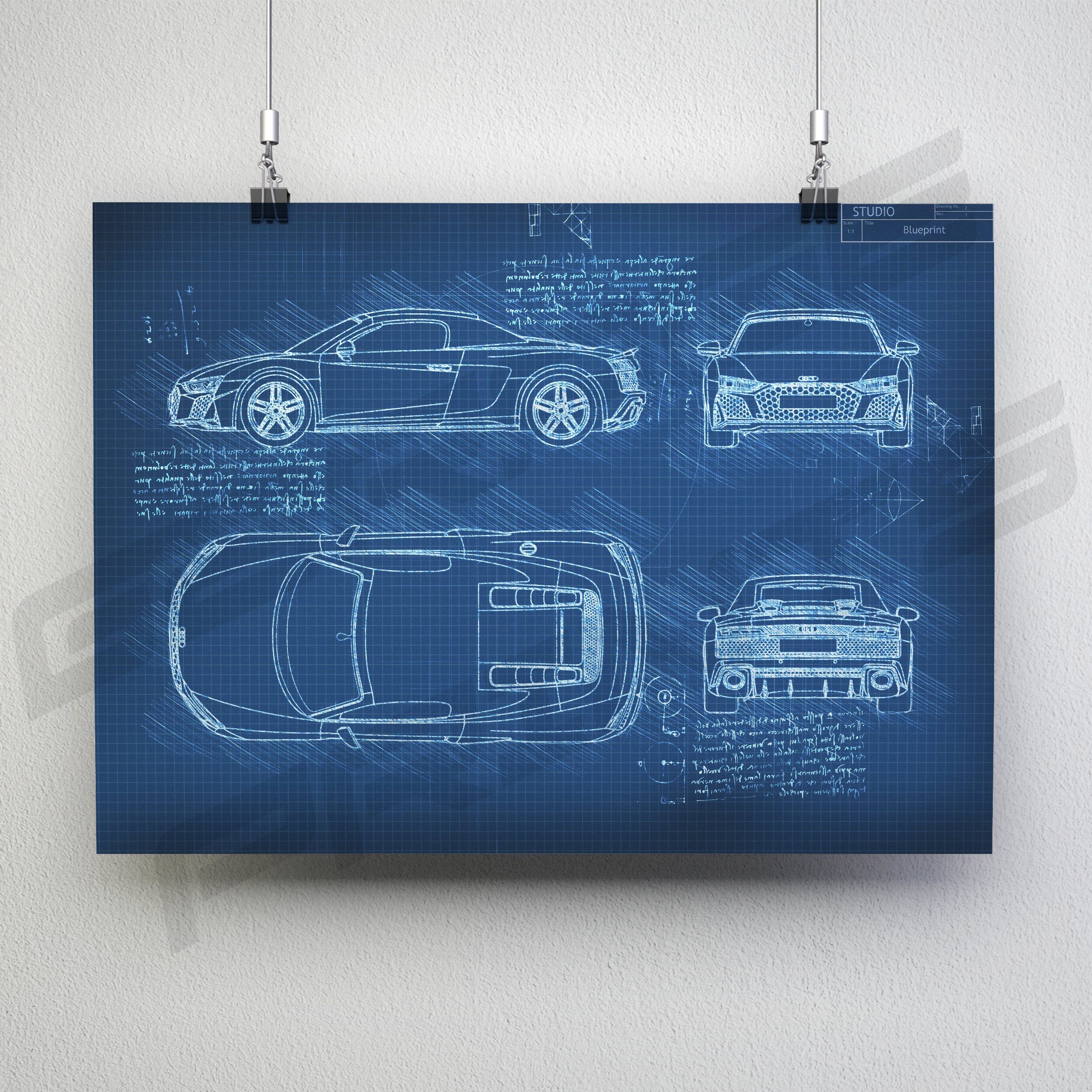 Audi R8 Spyder V10 Quattro (2019 - Present) Car Blueprint Poster - Audi ...