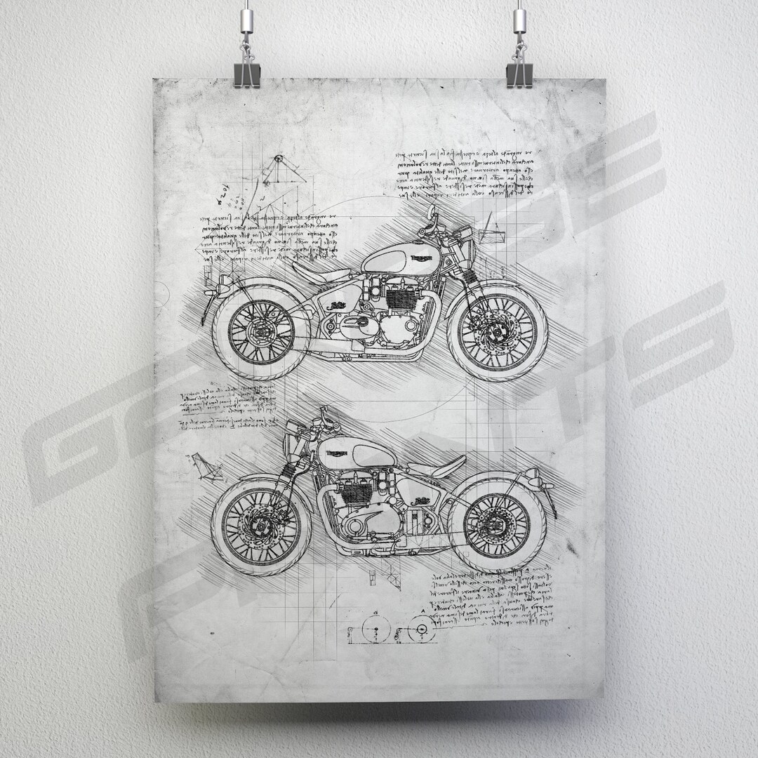 Triumph Bonneville Bobber Blueprint Poster - Da Vinci Motorcycle Wall ...