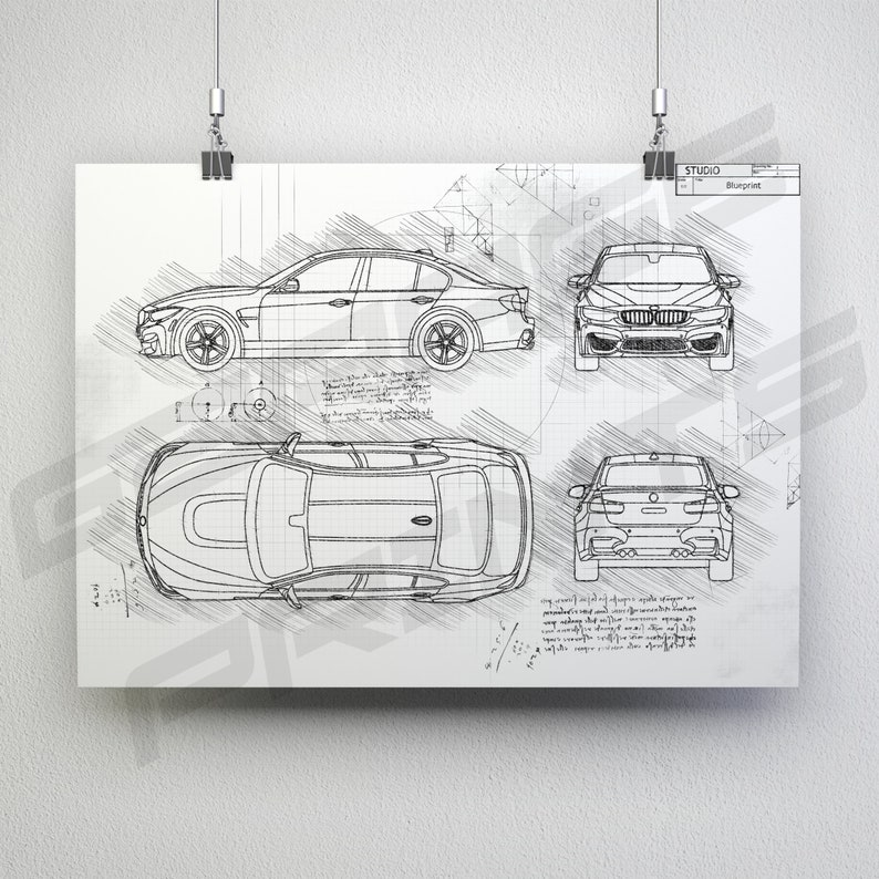 BMW M3 F80 (2014-2018) Car Blueprint Poster - Da Vinci Car Wall Art ...
