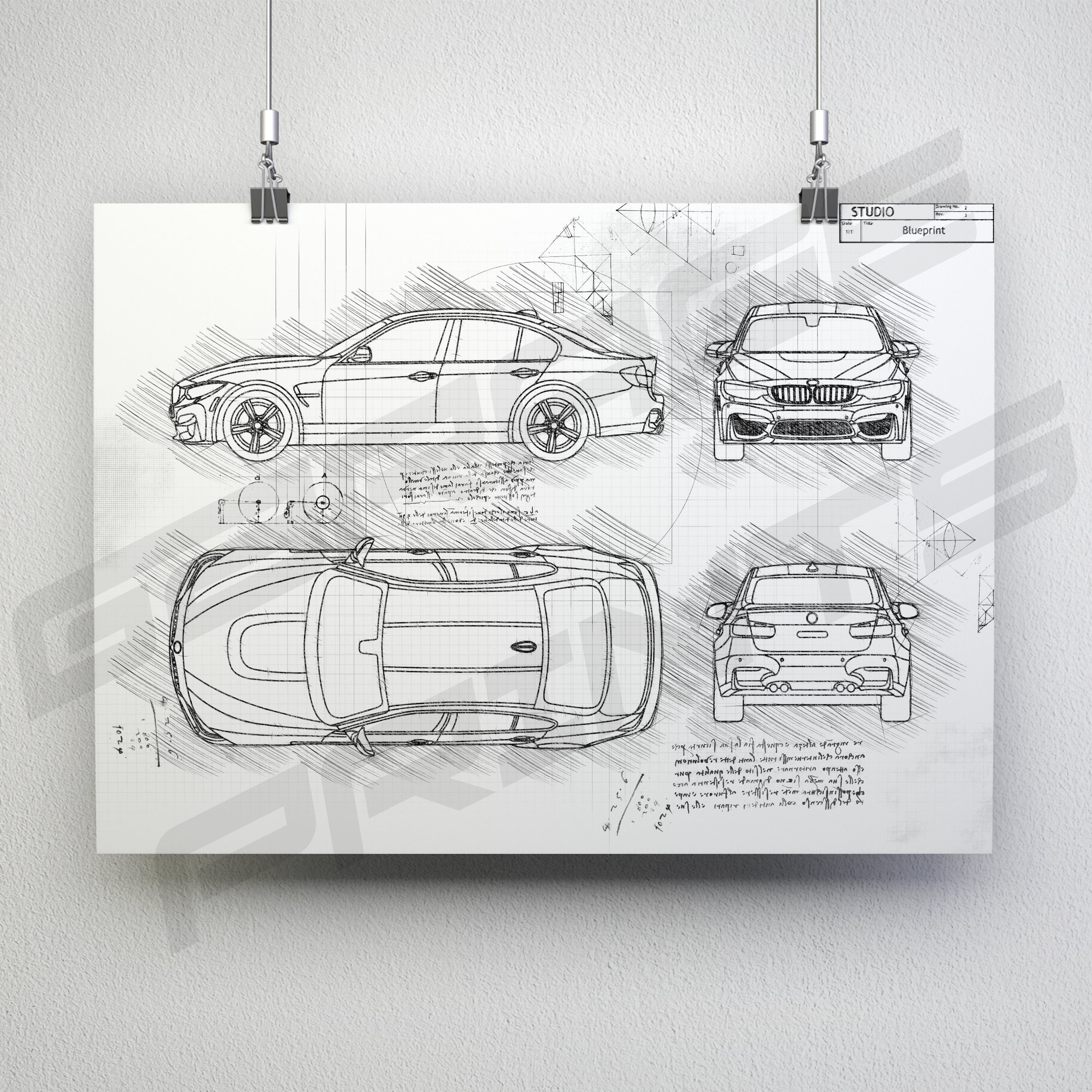 BMW M3 F80 (2014-2018) Car Blueprint Poster - Da Vinci Car Wall Art ...