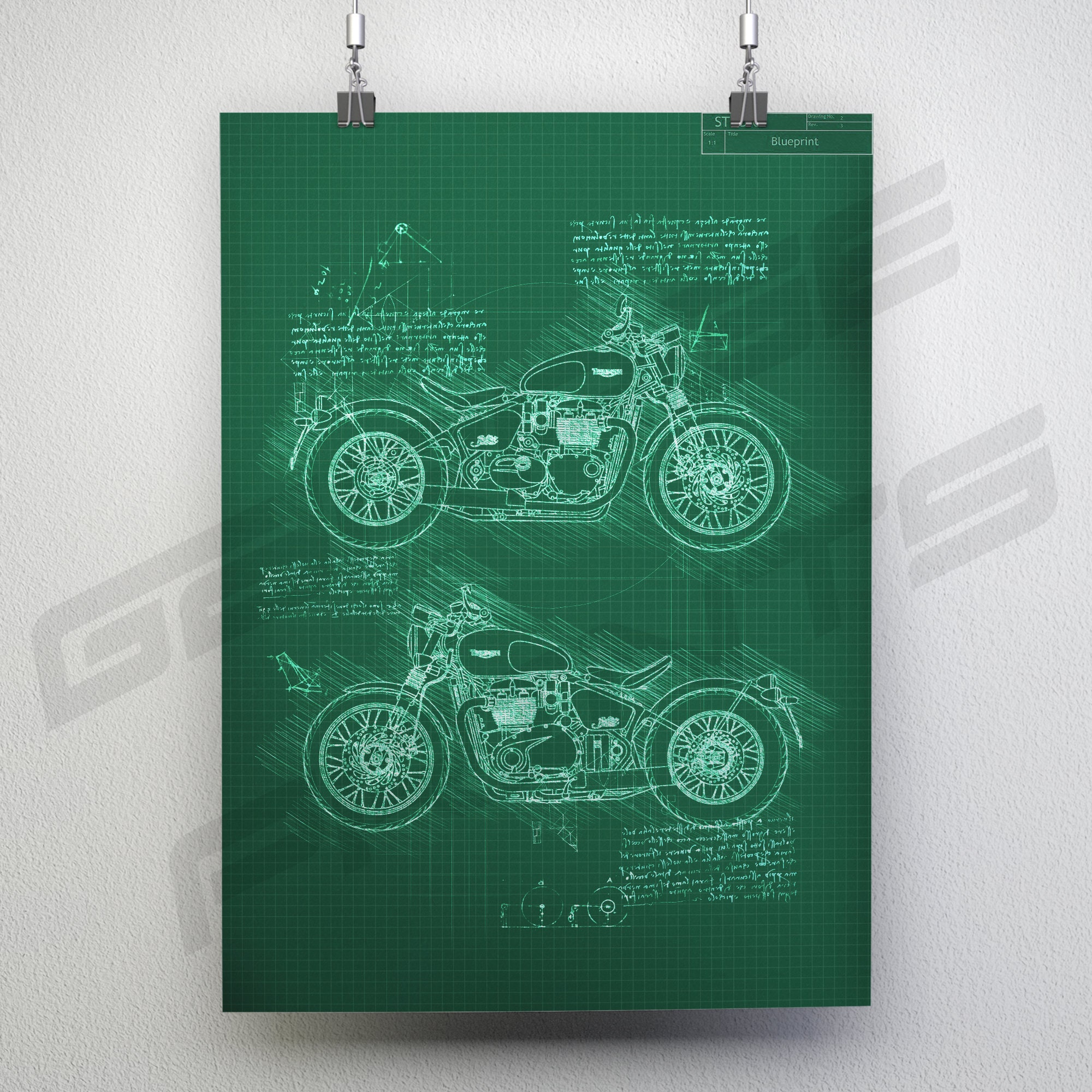 Triumph Bonneville Bobber Blueprint Poster - Da Vinci Motorcycle Wall ...