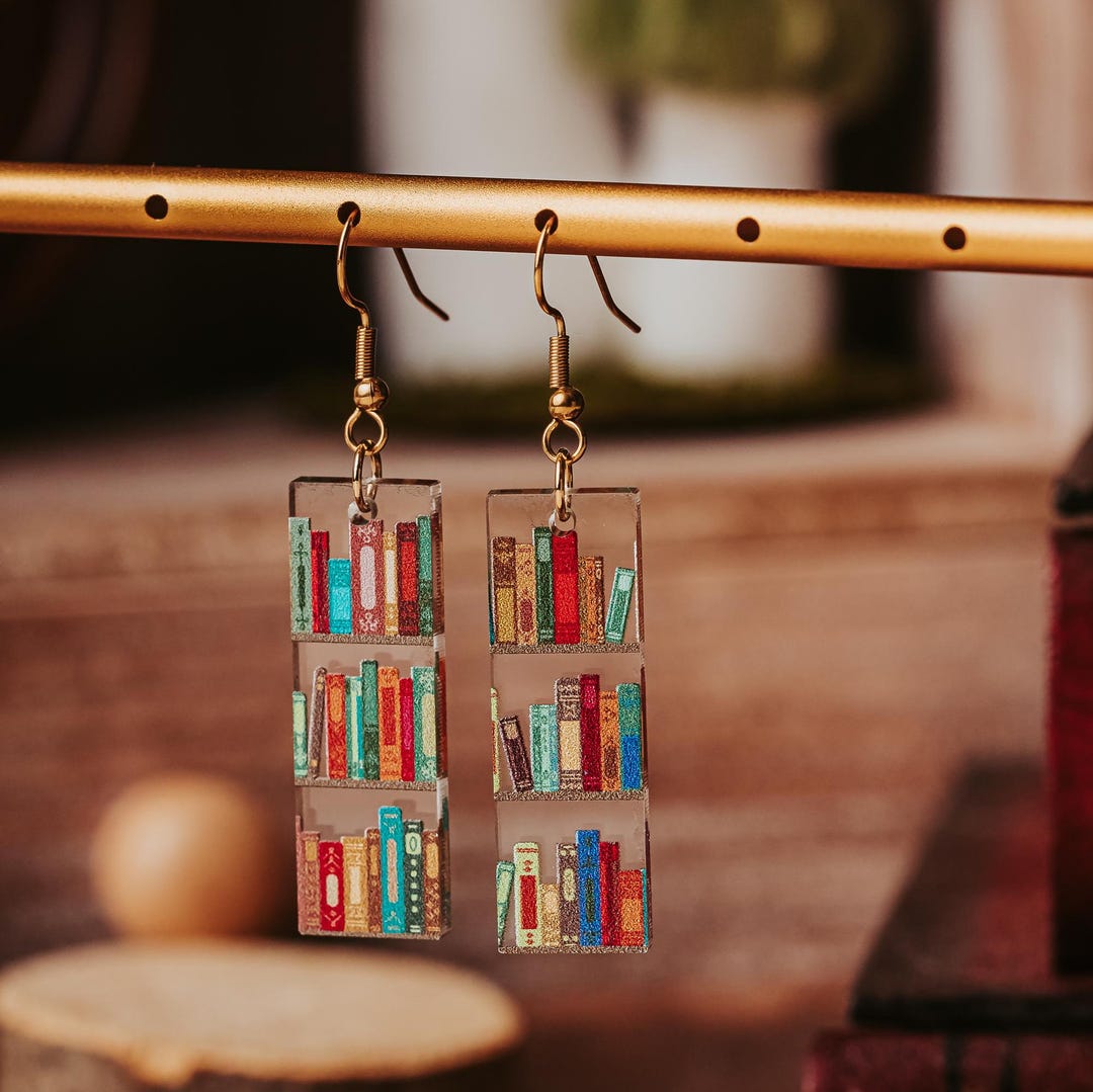 Mini Book Earrings, Bookshelf Acrylic Dangle Earrings That Make an ...