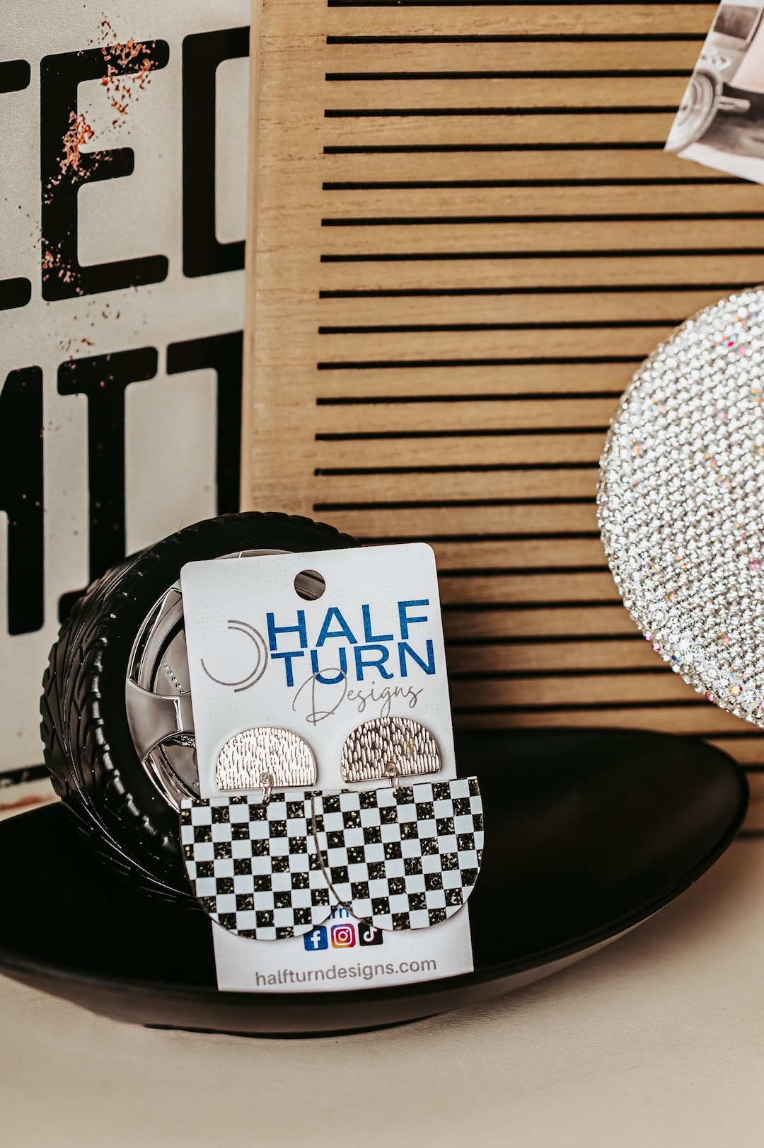 Black & White Checkered Racing Flag Semicircle Dangle Earrings, Racing ...